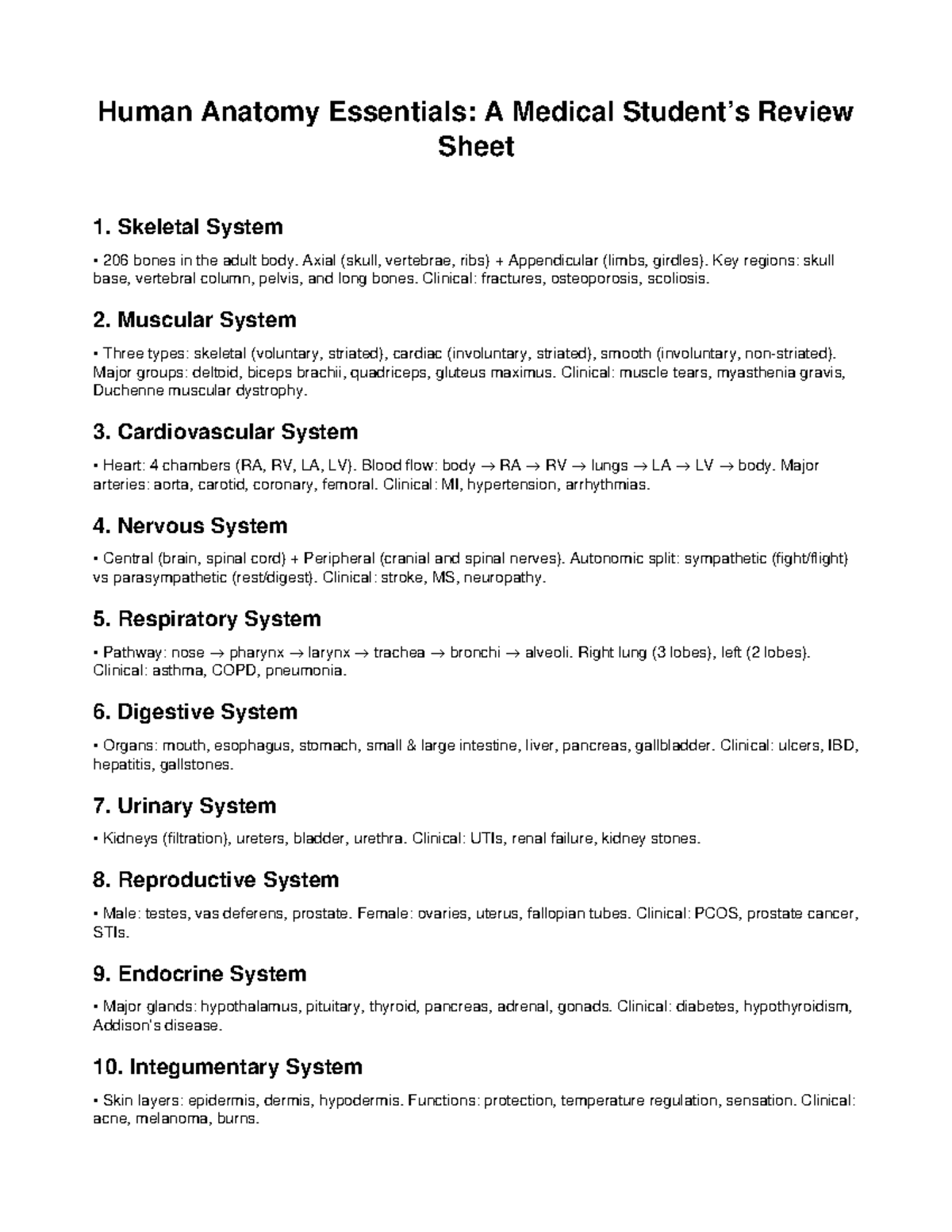 Human Anatomy Essentials: A Comprehensive Review Sheet - Studocu