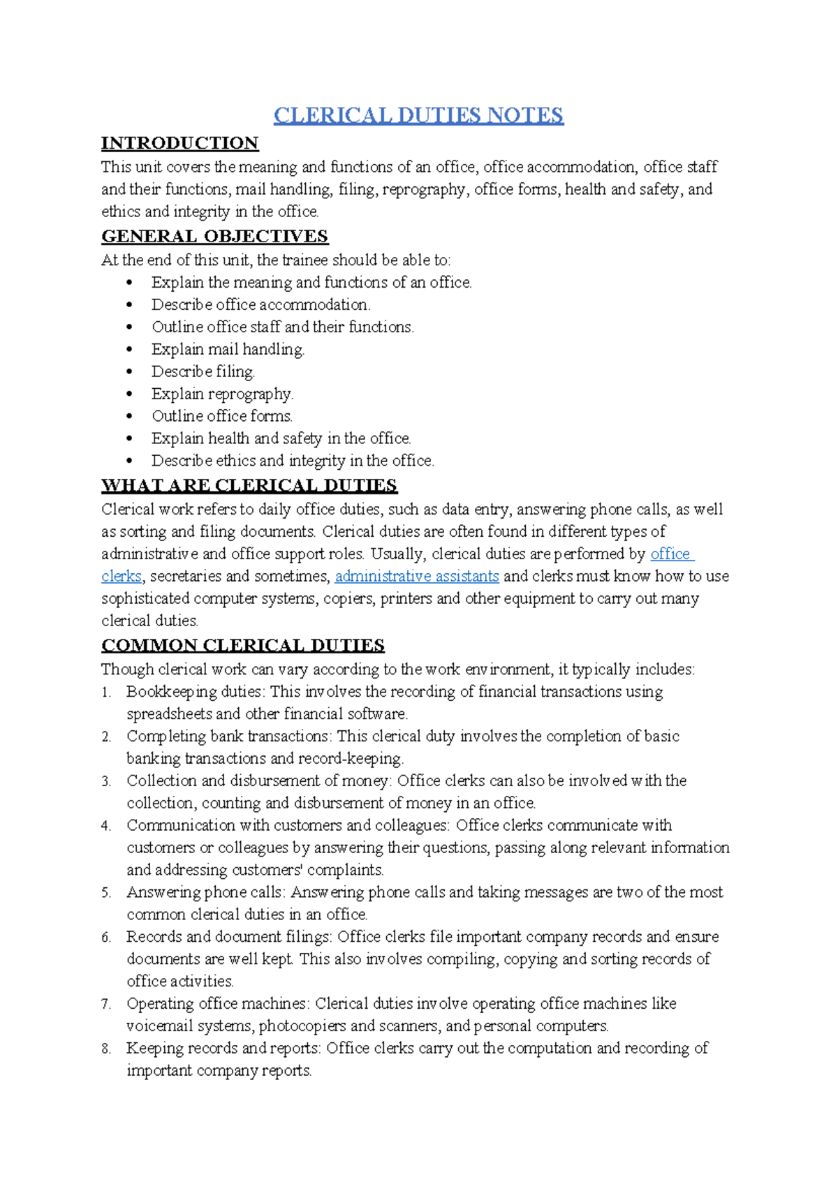 CLERICAL DUTIES NOTES: FUNCTIONS AND IMPORTANCE IN OFFICE ...