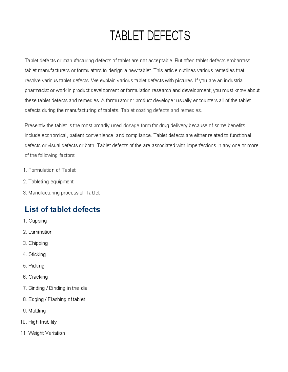 Tablet Defects: Overview, Causes, & Remedies - Pharma 101 - Studocu