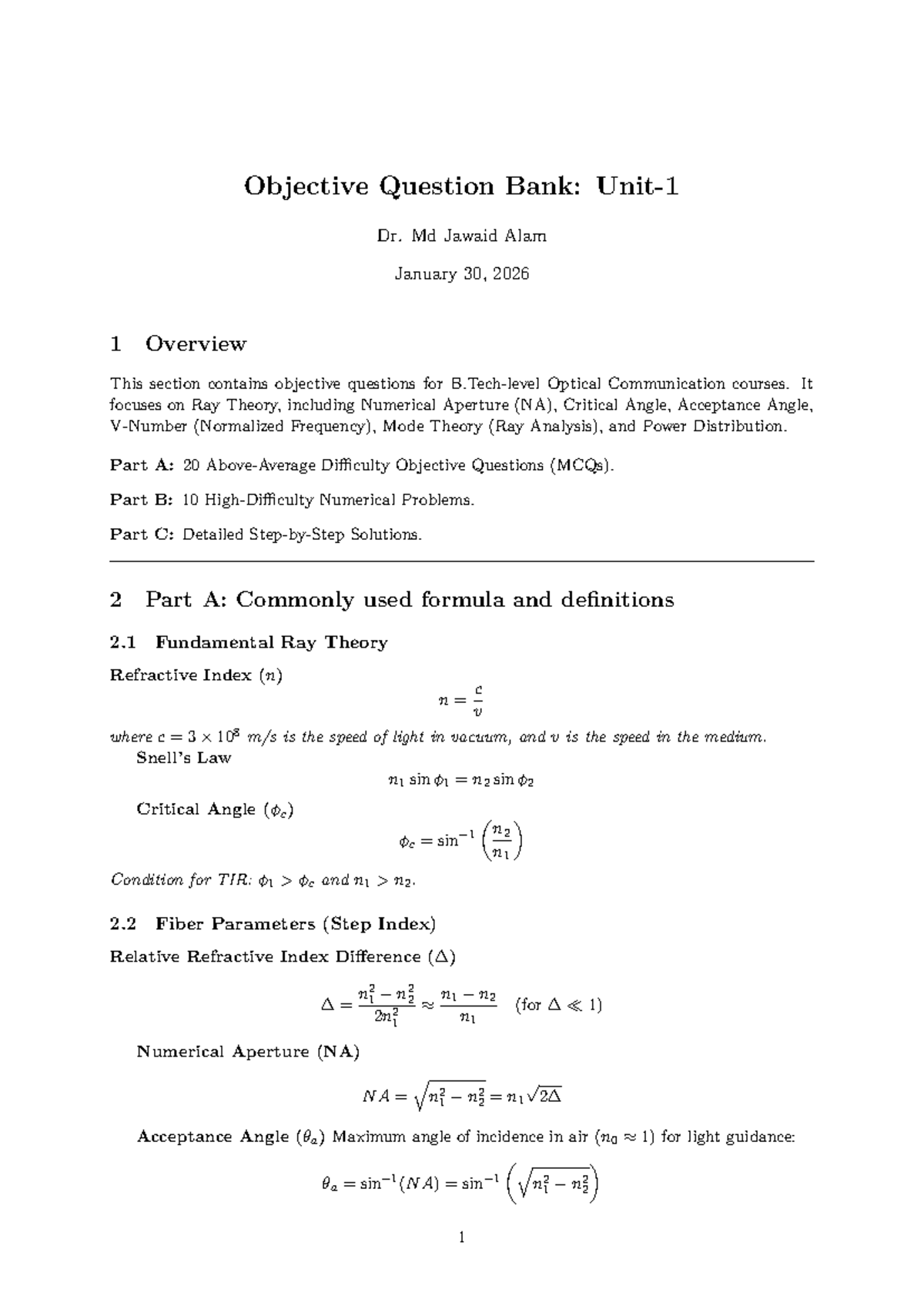 Objective Question Bank for Optical Communication (OC 101) - Unit 1 ...