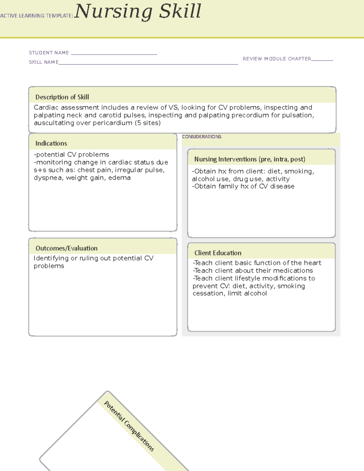 ATI Skills Template - Cardiac Assessment Overview and Considerations ...