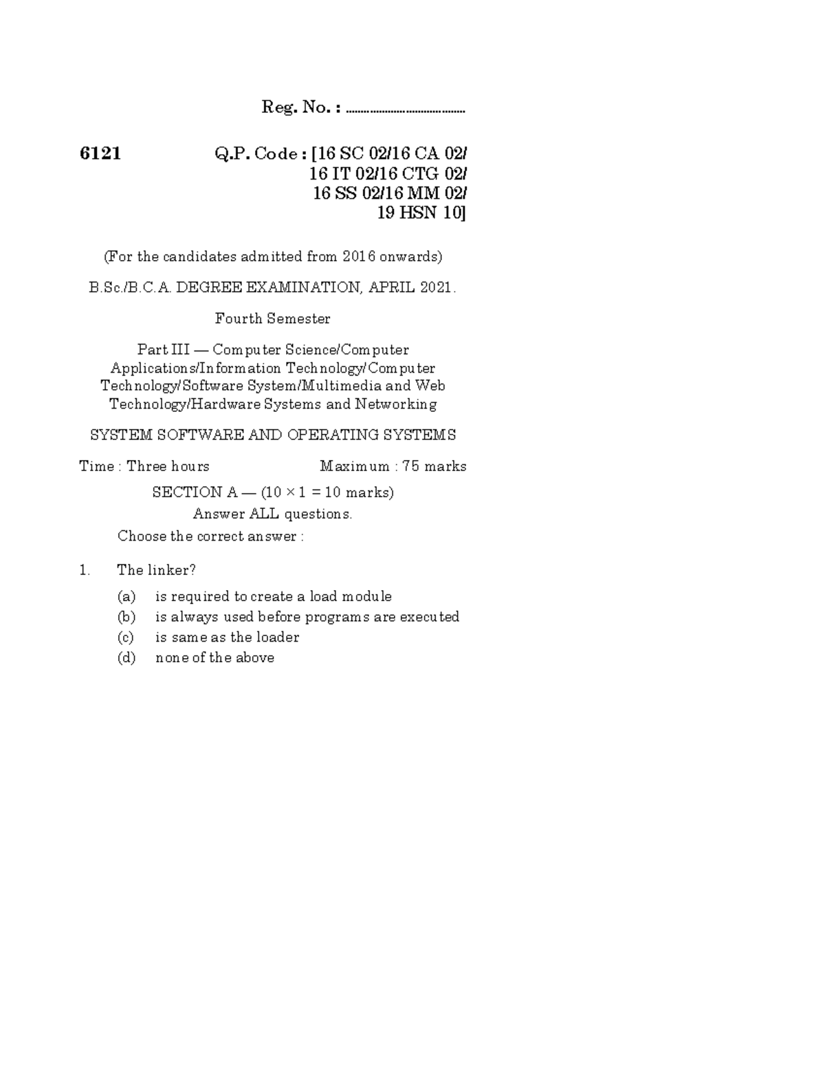 B.Sc. 6121 Final Exam: System Software and Operating Systems Overview ...