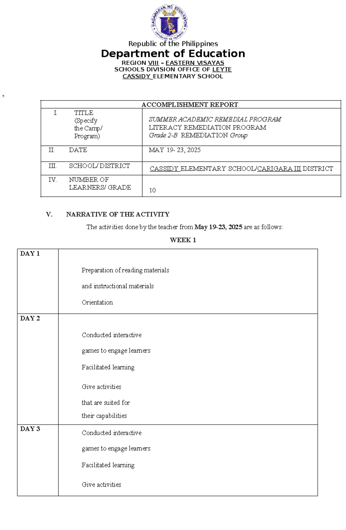ACCOMPLISHMENT REPORT: SUMMER ACADEMIC REMEDIAL PROGRAM (Grade 10 ...