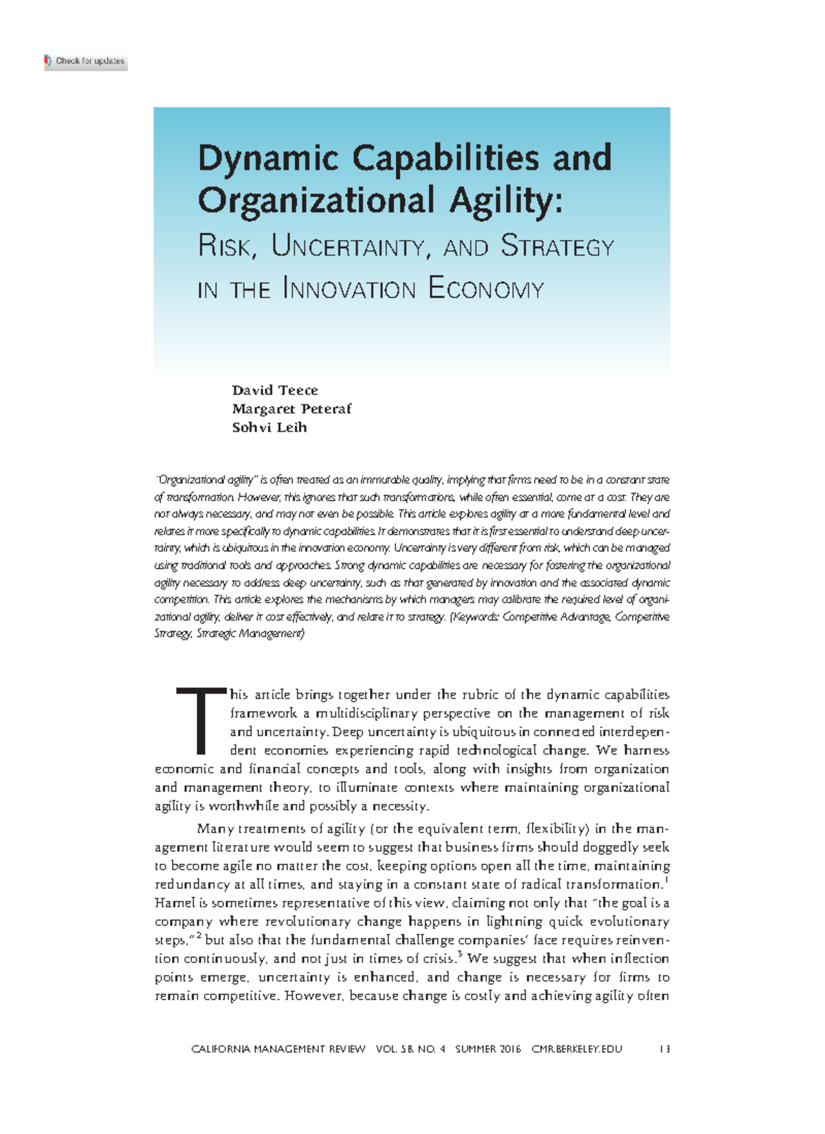 Teece et al 2016 dynamic capabilities and organizational agility risk ...