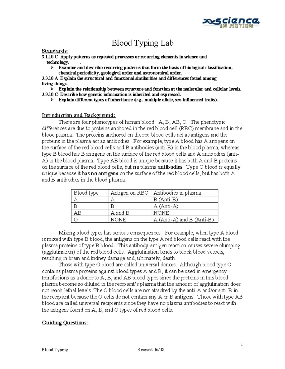 Blood Typing Lab Standards: 3.1.10 C & 3.3.10 A/C Overview - Studocu