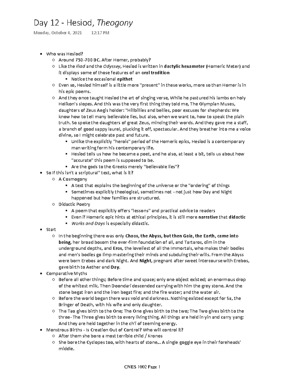 Day 12 - Hesiod, Theogony - Who was Hesiod? Around 750-700 BC. After ...