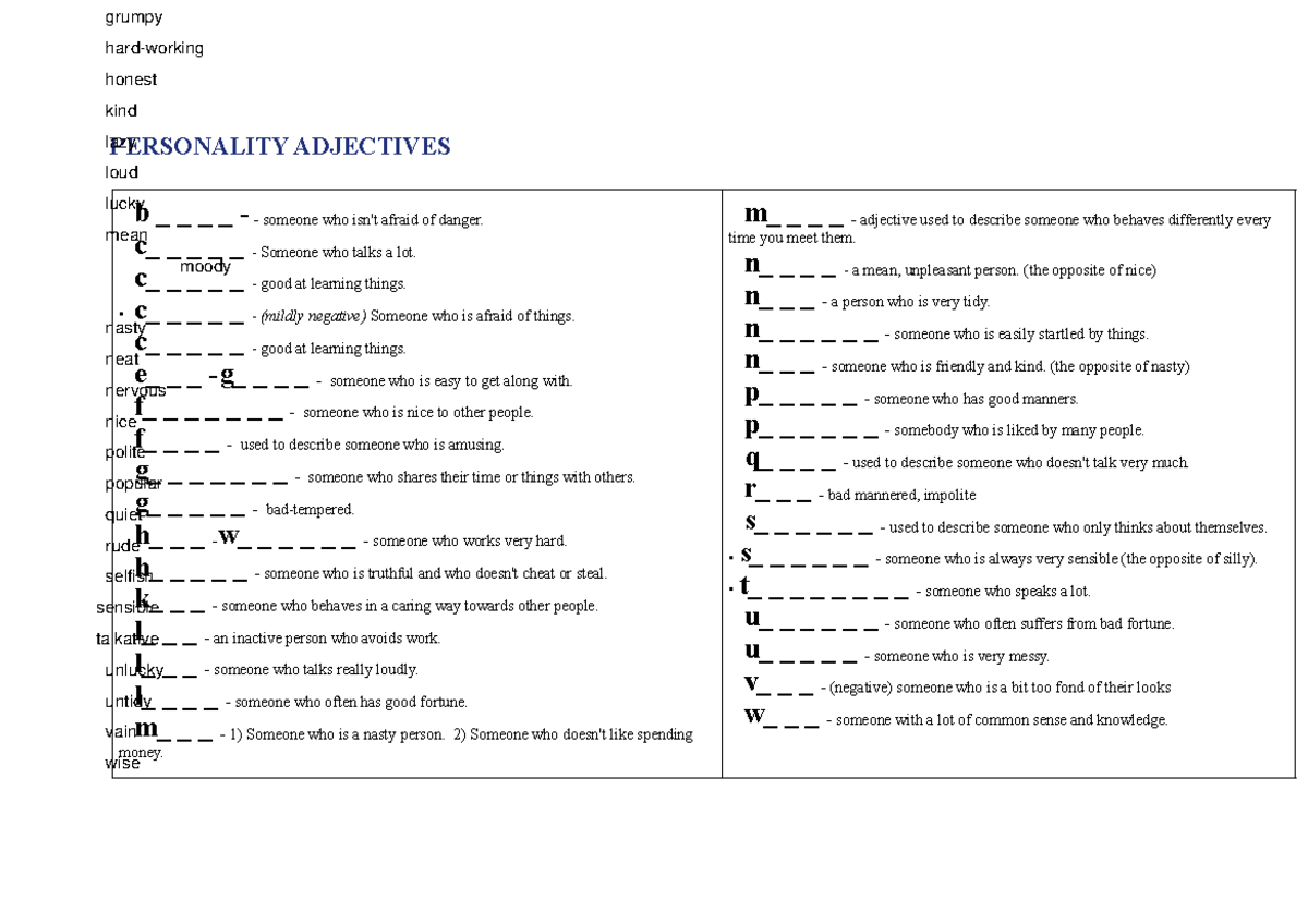 Personality Adjectives Study Guide: Key Traits and Definitions - Studocu