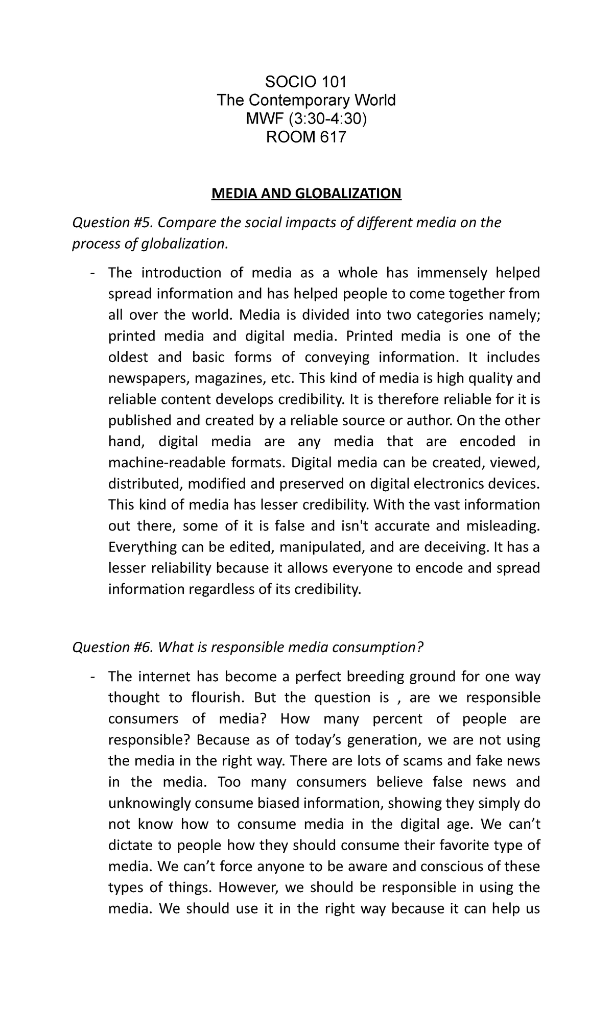 Media and Globalization - SOCIO 101 The Contemporary World MWF ROOM 617 ...