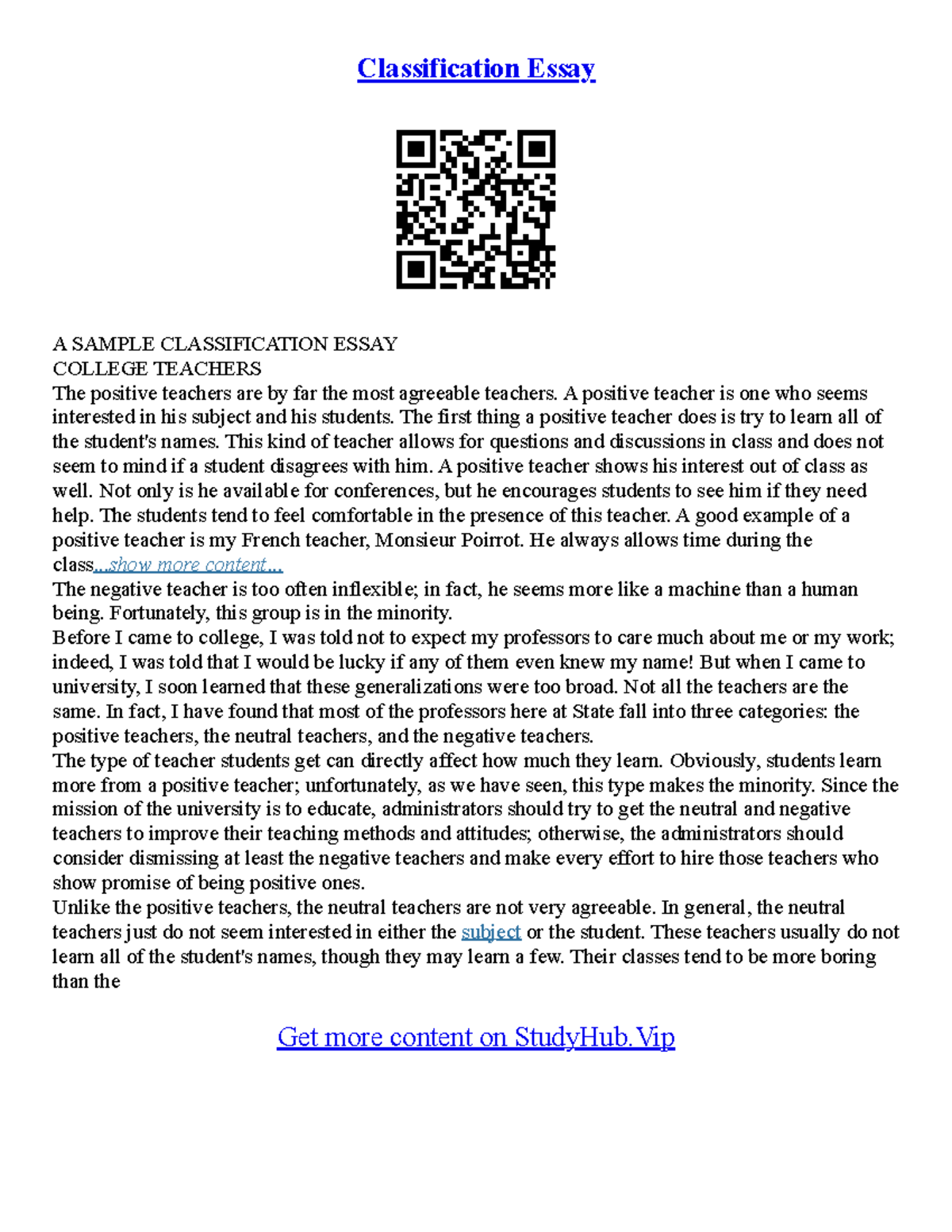 Classification and Division Essay Samples for English Comp 1 - Studocu