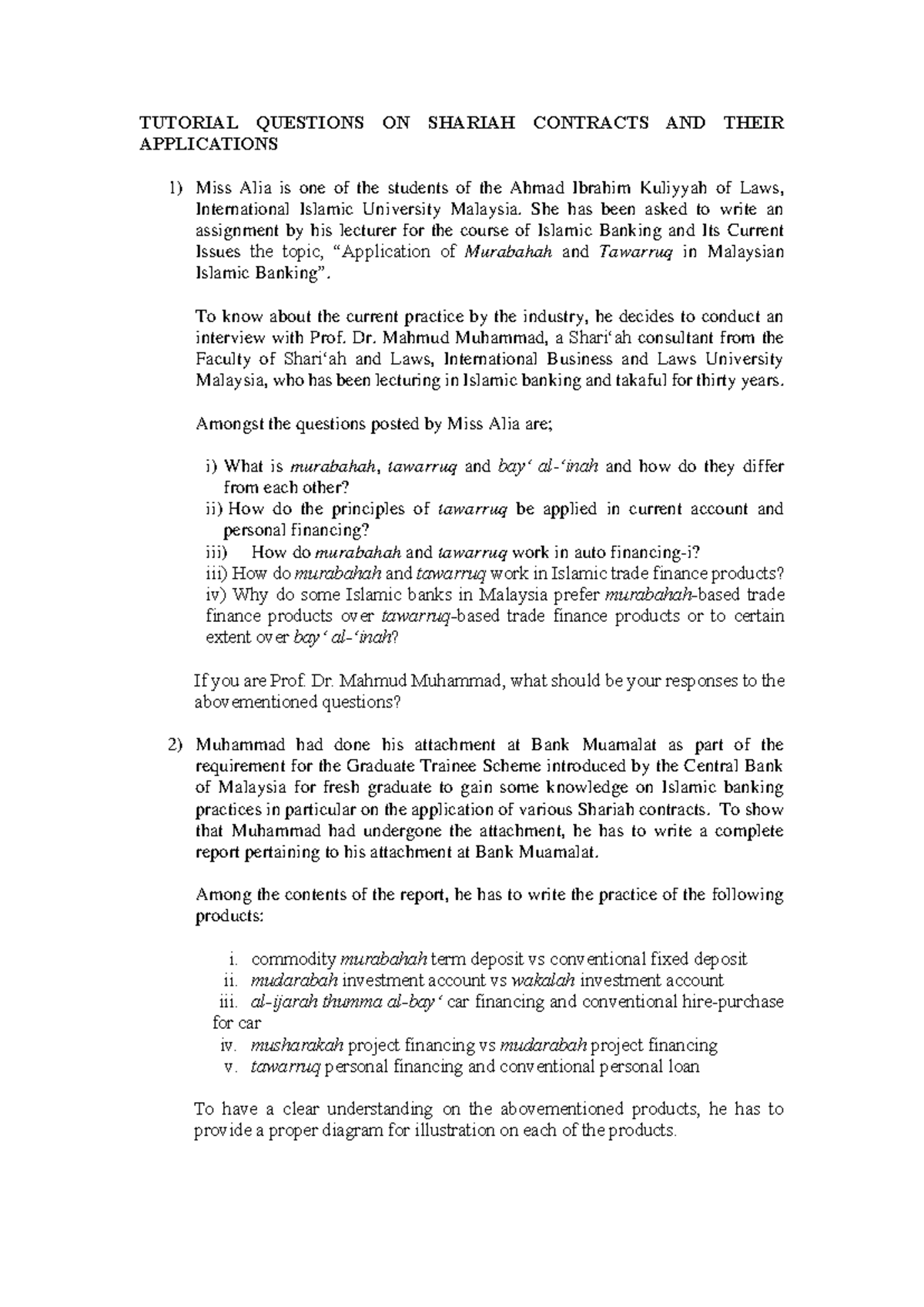 Tutorial Questions on Shariah Contracts and Their Applications (IBCI ...