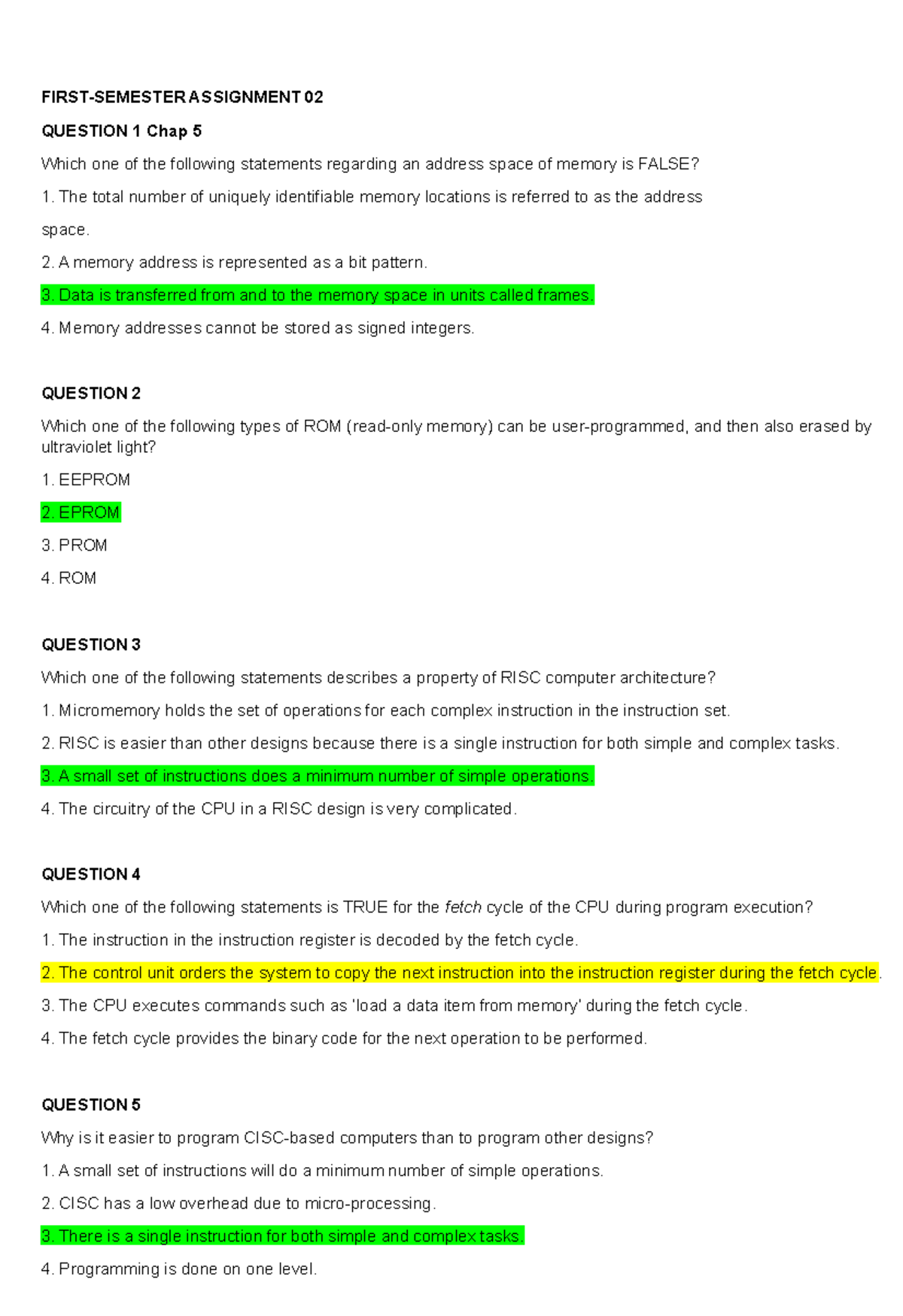 Assignment 2 - FIRST-SEMESTER ASSIGNMENT 02 QUESTION 1 Chap 5 Which one ...