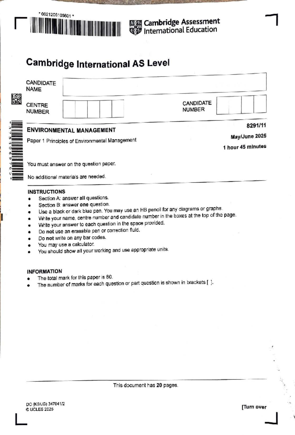 AICE Environmental Management Paper 1 Exam Guide 8291/11/M/J/25 - Studocu