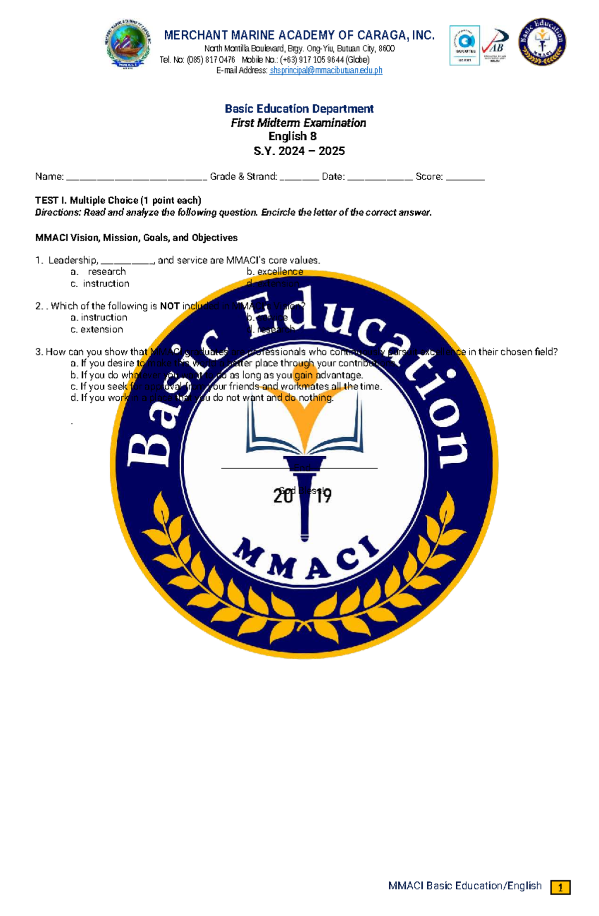 English 8 First Midterm Exam Template - S.Y. 2024-2025 - Studocu