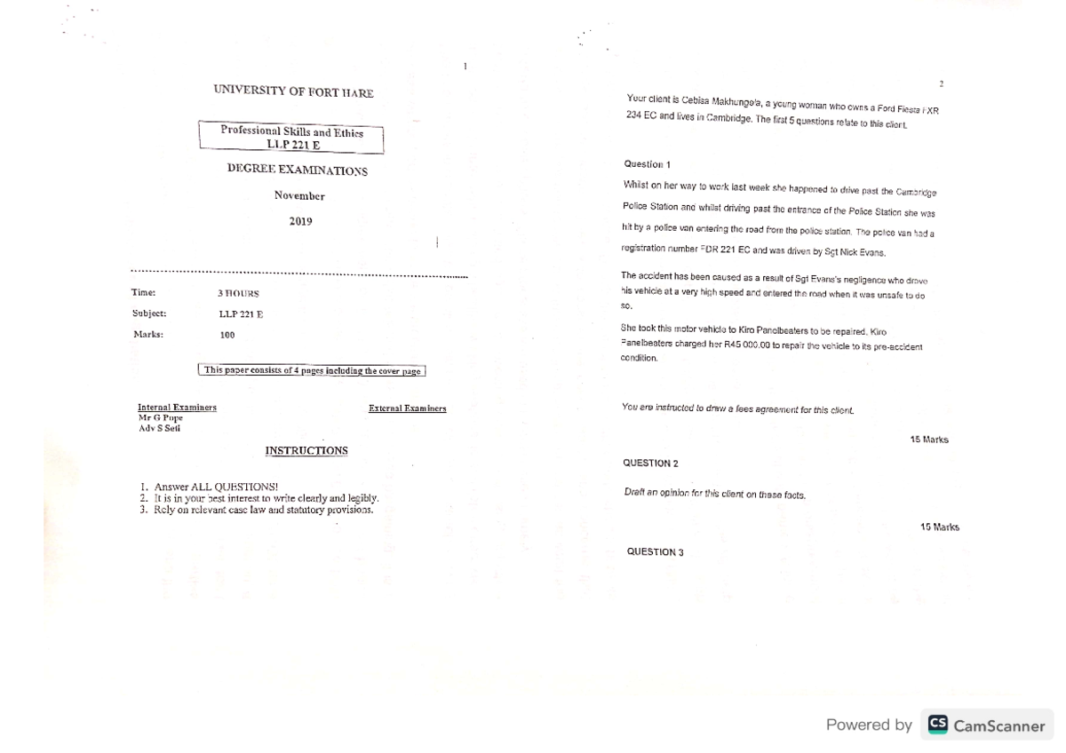 Professional skills Question paper - LEG 112 L - UFH - Studocu