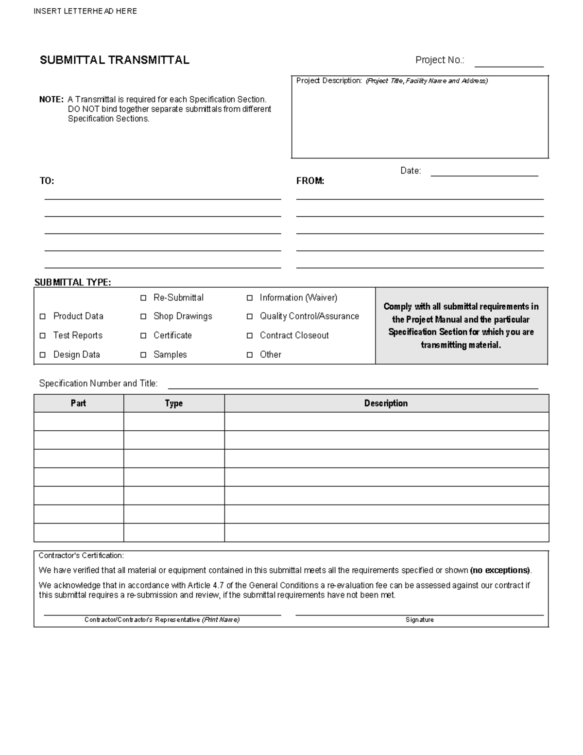 15 - Construction Submittal Transmittal Form for Project Documentation ...