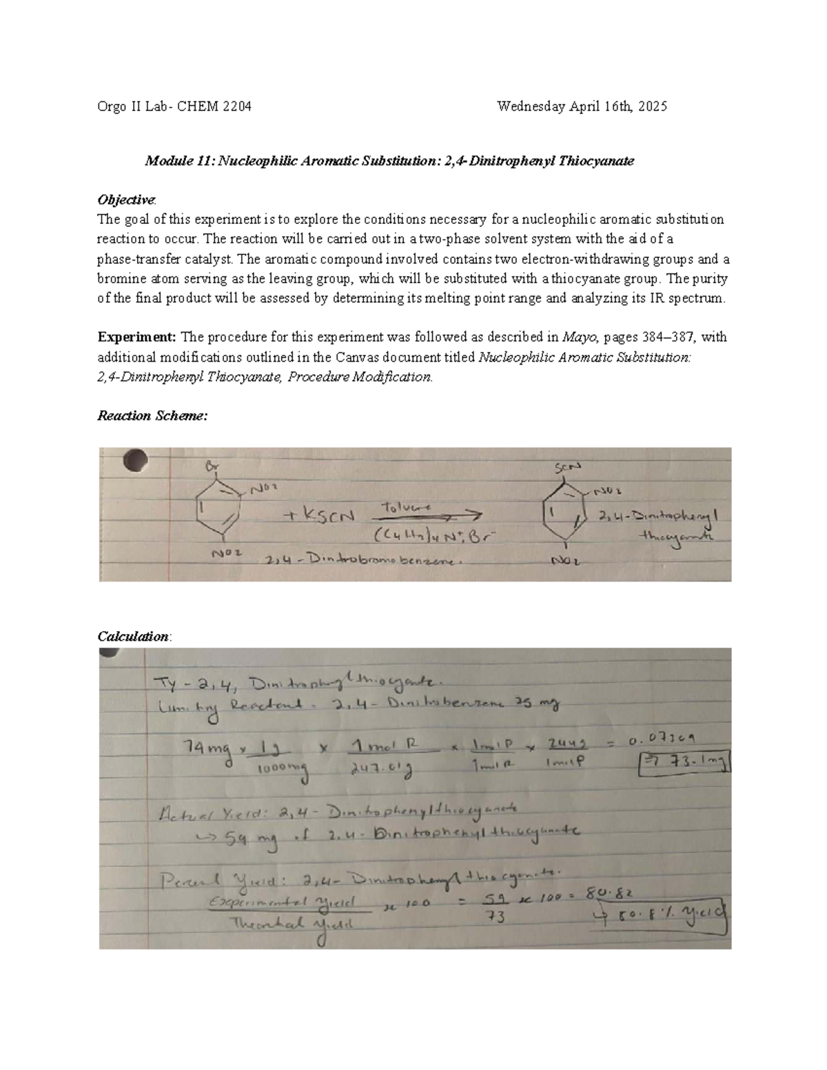 Orgo II CHEM Lab Report: Nucleophilic Aromatic Substitution Module 11 ...
