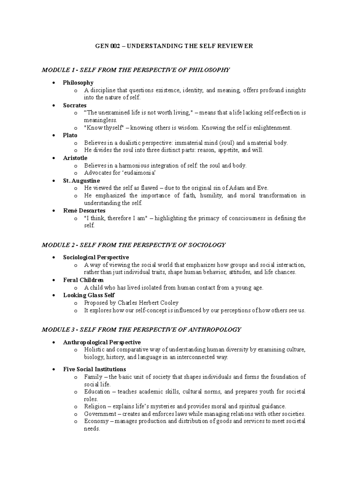 GEN 002 UNDERSTANDING THE SELF REVIEWER MODULE 1-3 PHILOSOPHY & SOCIOLOGY - Studocu