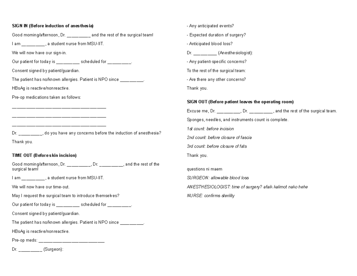 OR Induction and Sign Out Protocols for Anesthesia (Retdem-script ...