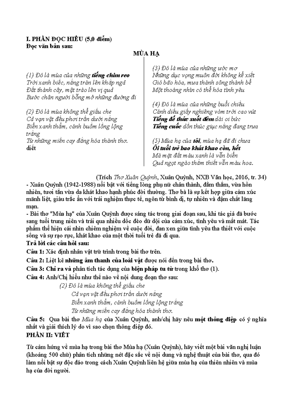 ĐÁP ÁN ĐỀ MÙA HẠ (PHẦN VIẾT) - TỔNG HỢP PHÂN TÍCH THƠ XUÂN QUỲNH - Studocu