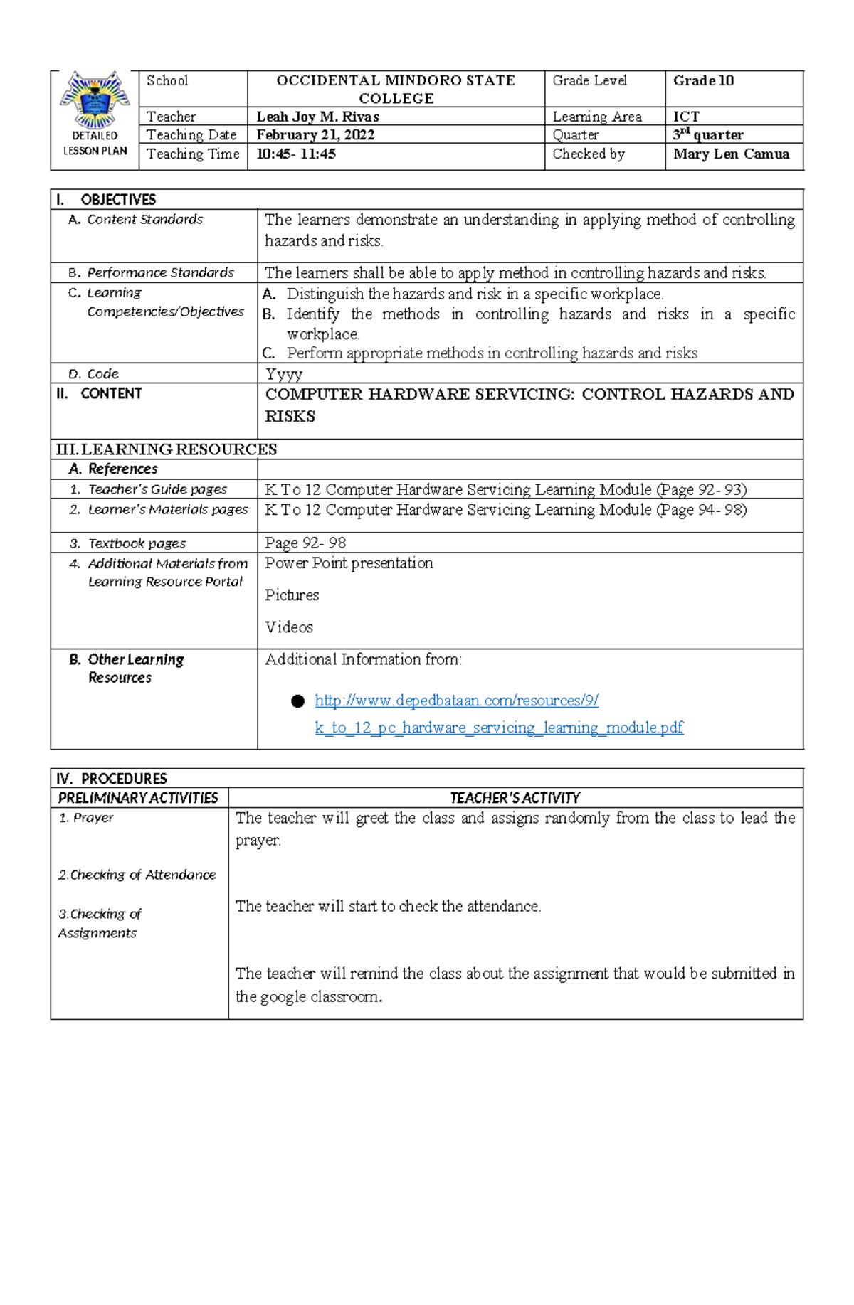 Lesson Plan: Methods for Controlling Hazards & Risks in ICT (Grade 10 ...