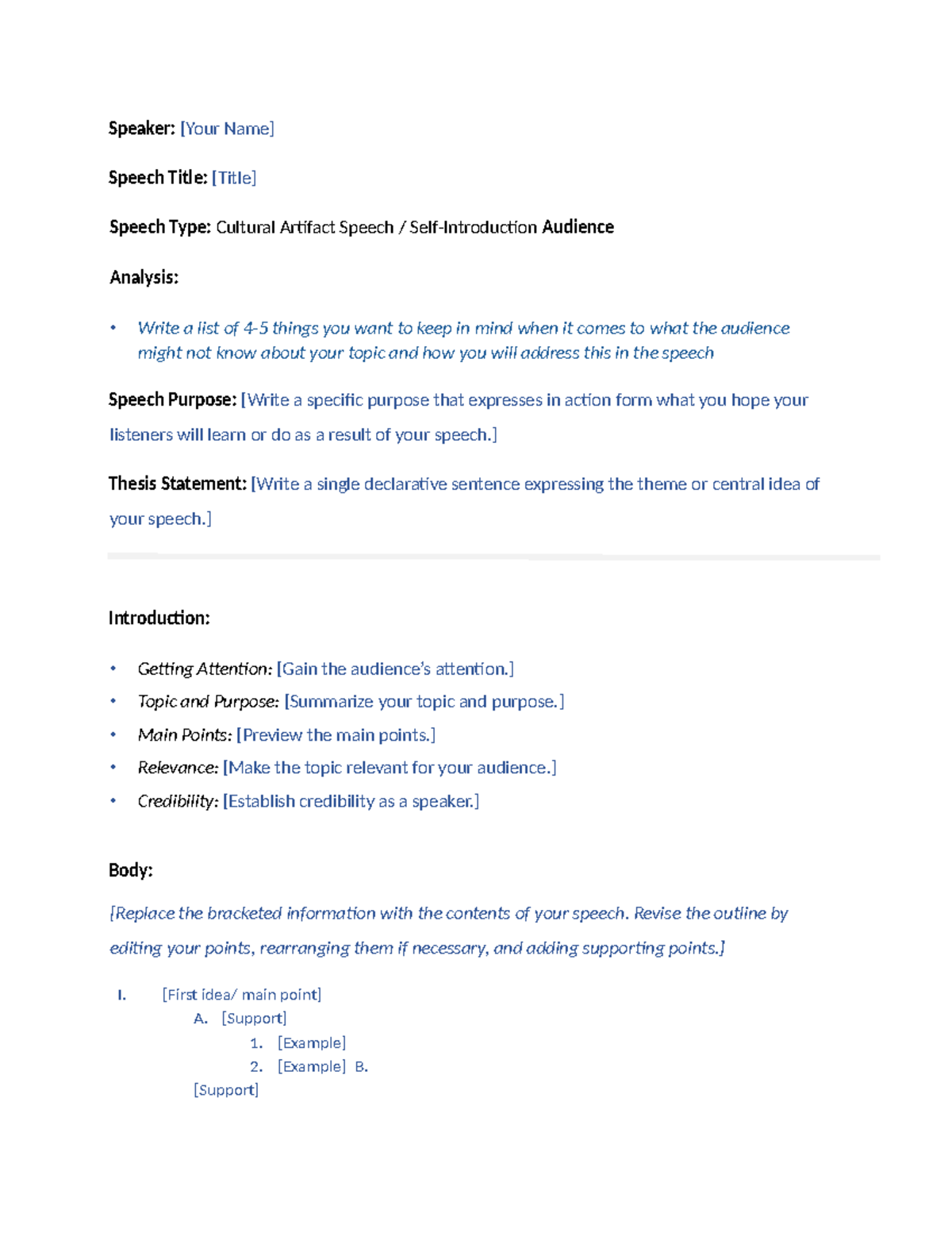 Cultural Artifact Speech Outline Template: Audience Analysis ...
