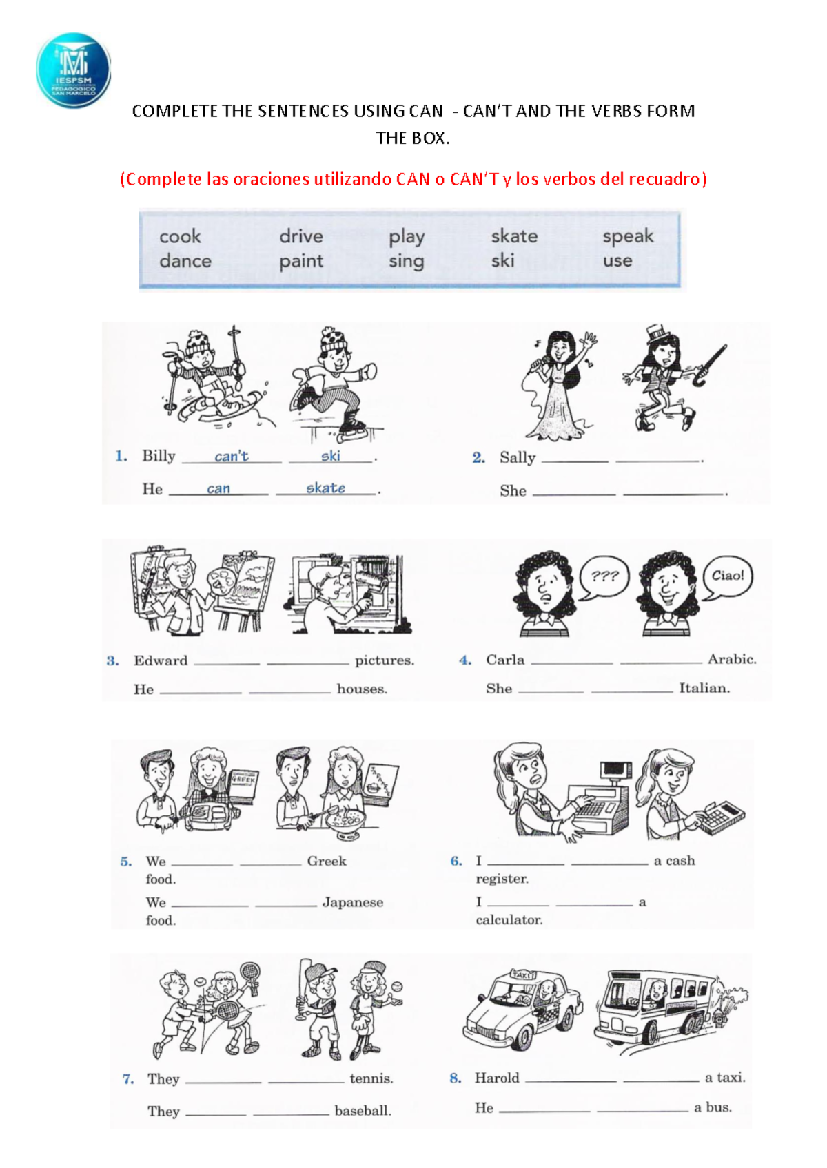 Complete THE Sentences Using CAN - Inglés Básico - COMPLETE THE ...