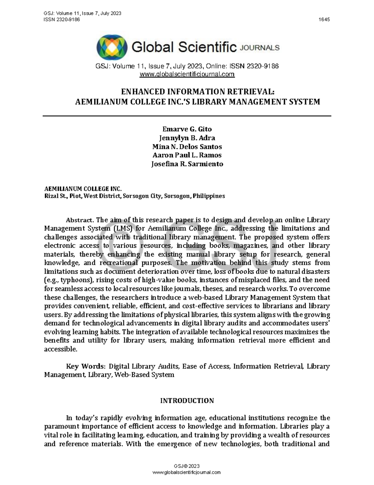 GSJ: Volume 11, Issue 7, July 2023 - Enhanced Library Management System ...