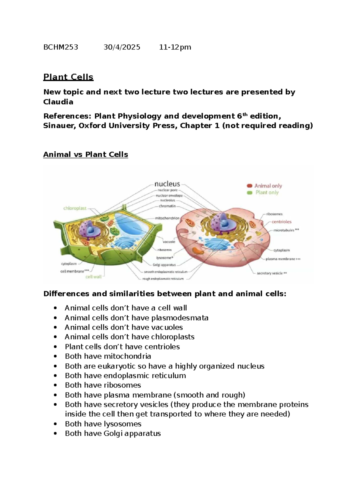 BCHM253 Plant Cells: Lecture Notes and Key Concepts - Studocu