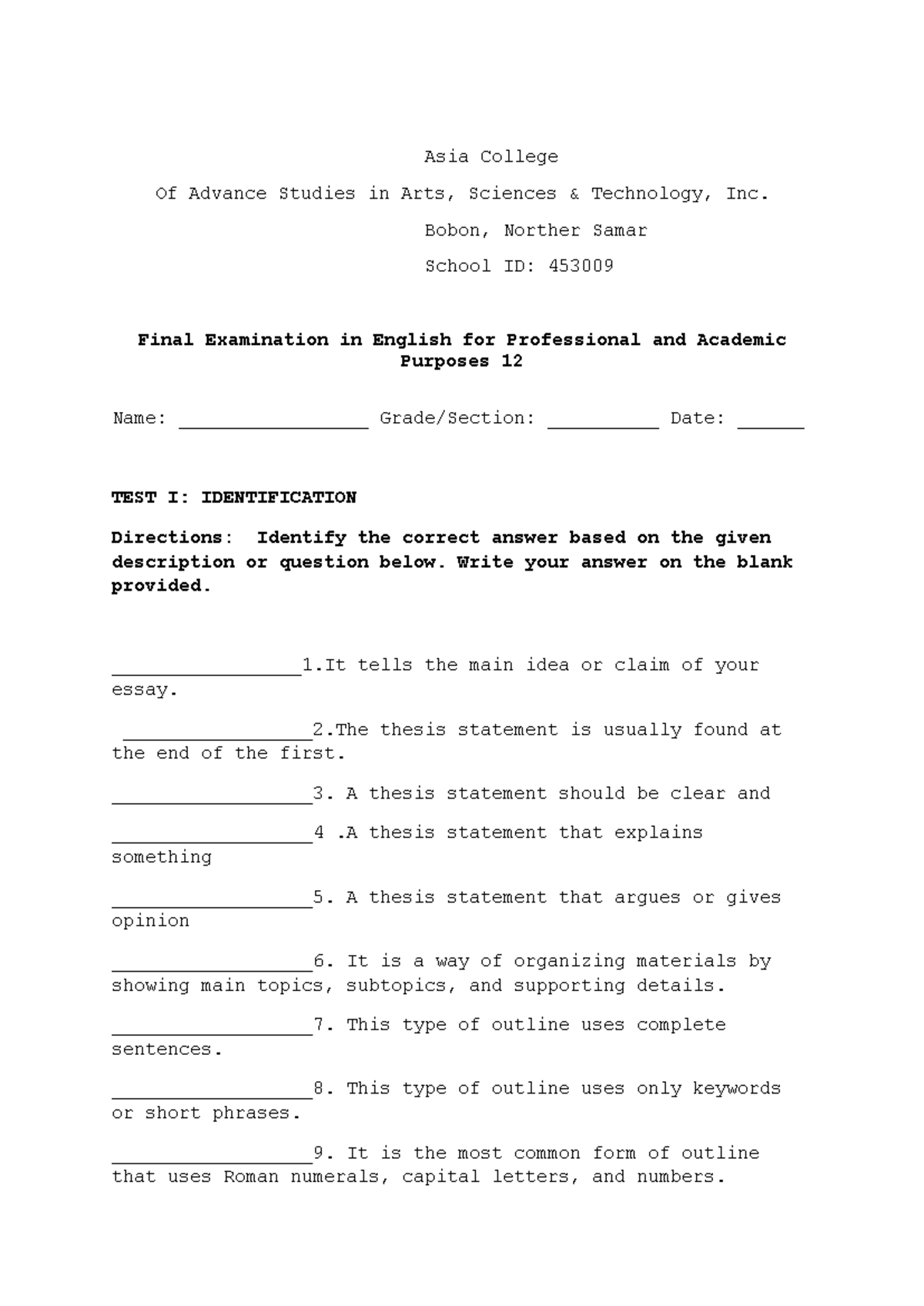 EAPP12 Final Exam: Understanding Thesis Statements & Outlining - Studocu