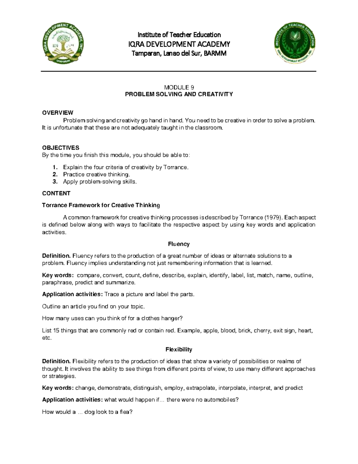 Facilitating Module 9: Problem Solving & Creativity Insights - Studocu