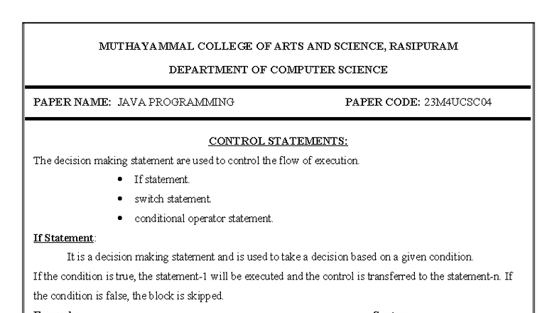 JAVA UNIT II - Control Statements Overview (23M4UCSC04) - Studocu