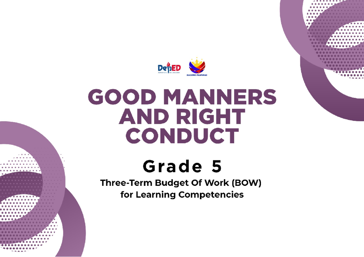 [G5] GMRC - Good Manners and Right Conduct Budget of Work - Studocu