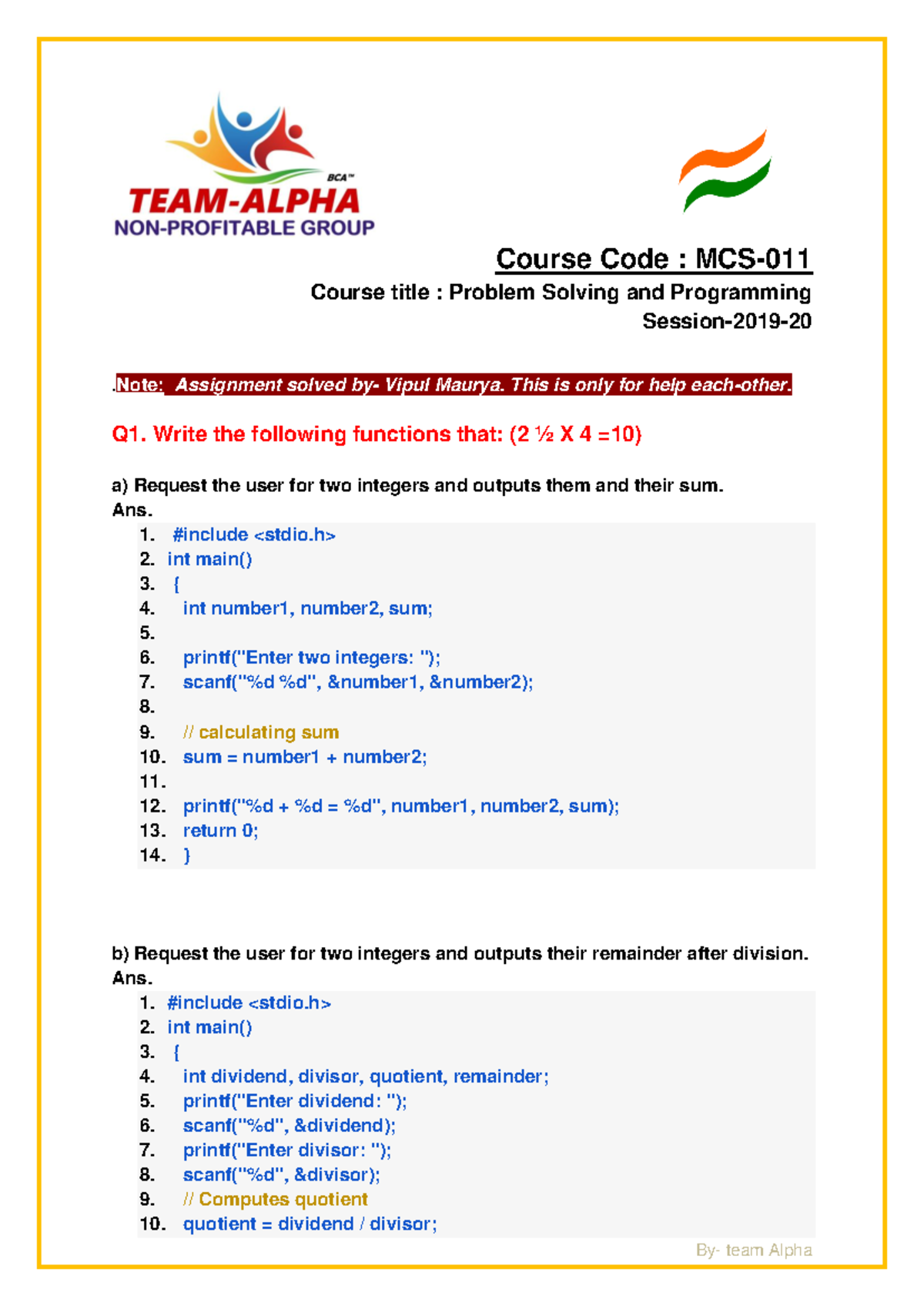 Mcs-011 - this is solved assignments. - Course Code : MCS- 011 ####### Course title : Problem ...
