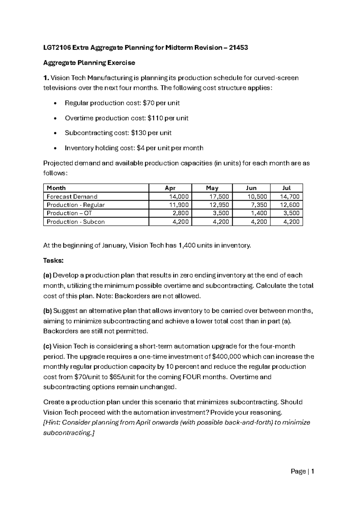 LGT2106 Aggregate Planning Midterm Revision – Vision Tech & Visual Cap ...