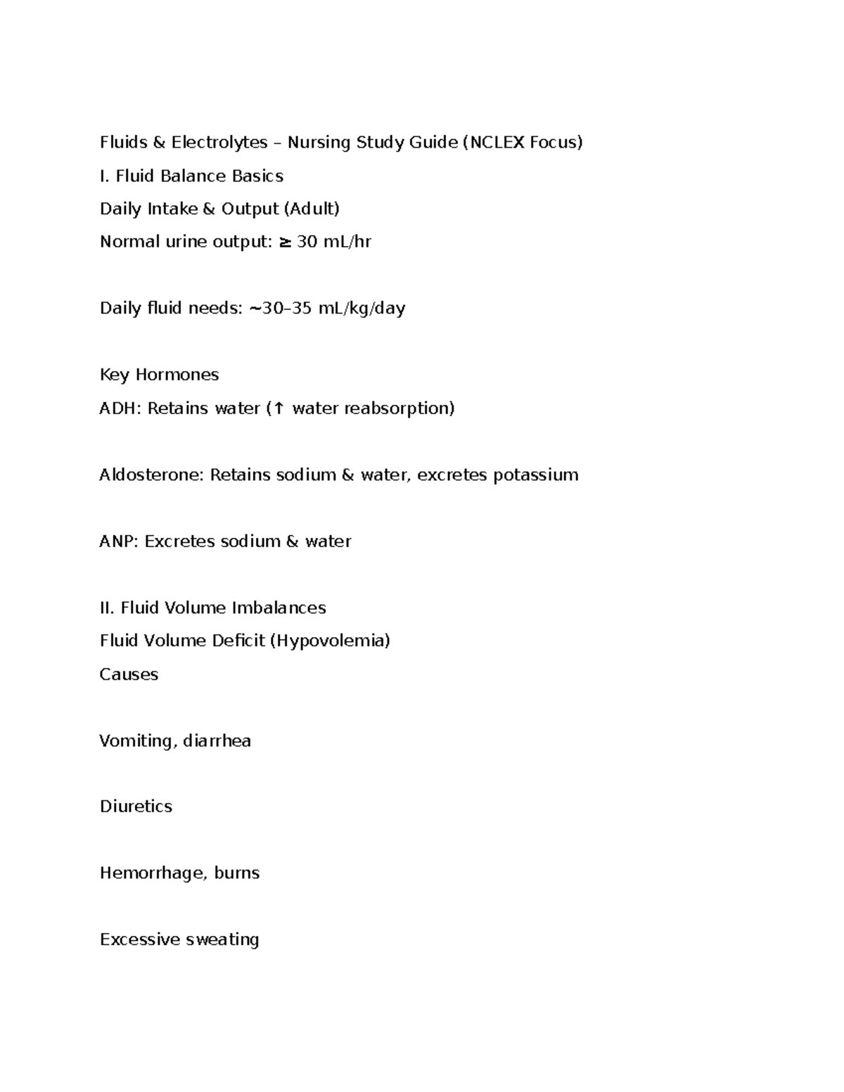 Fluids & Electrolytes Nursing Study Guide (NCLEX Focus) - Studocu
