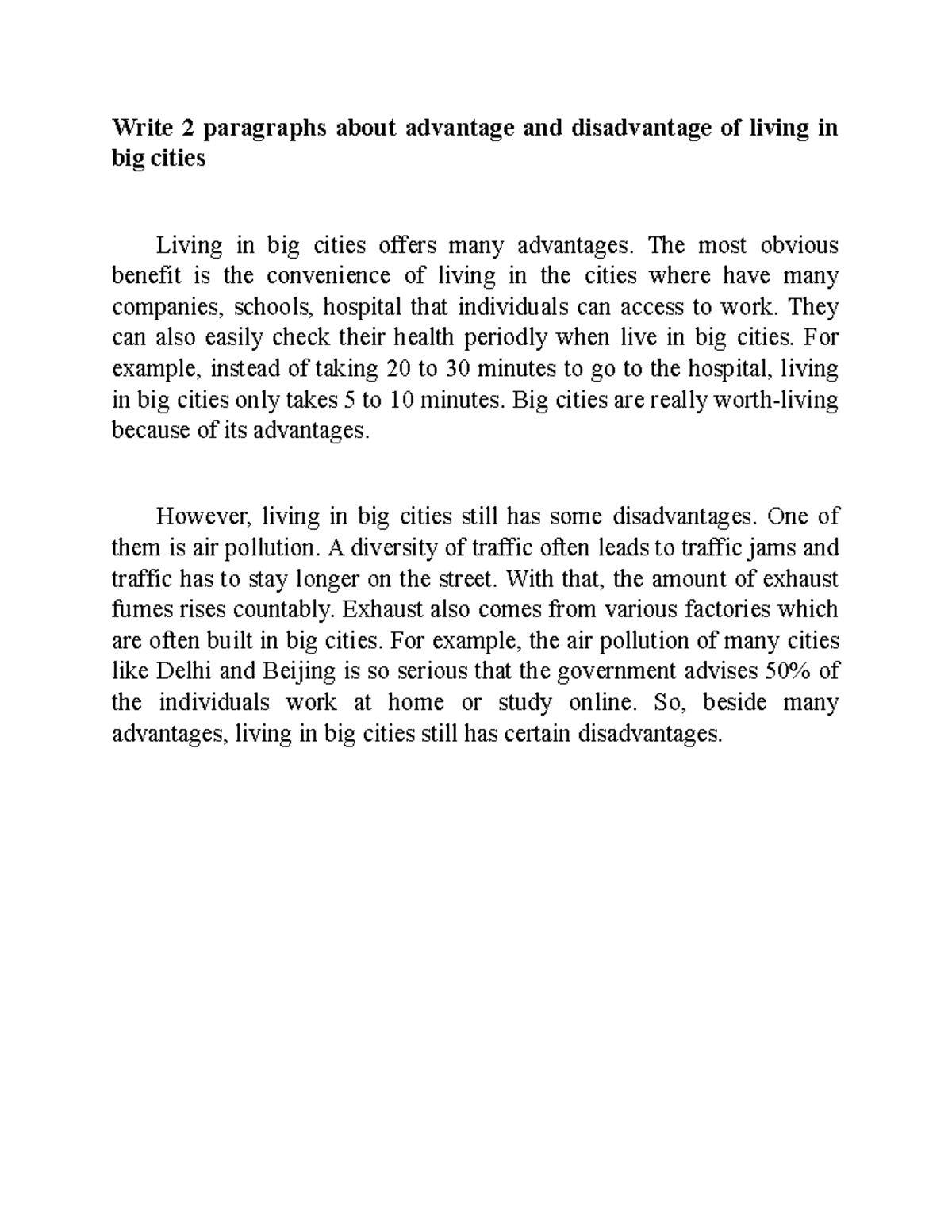 Advantages and Disadvantages of Living in Big Cities - Writing 1 - Studocu