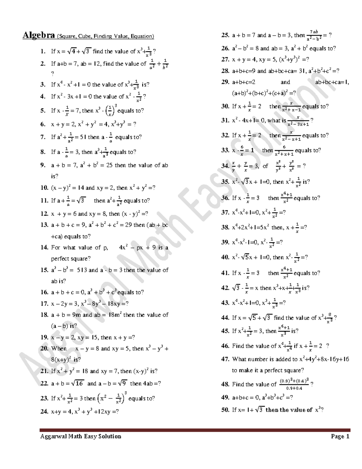 Algebra 1 - knowledge - Aggarwal Math Easy Solution Page 1 Algebra ...