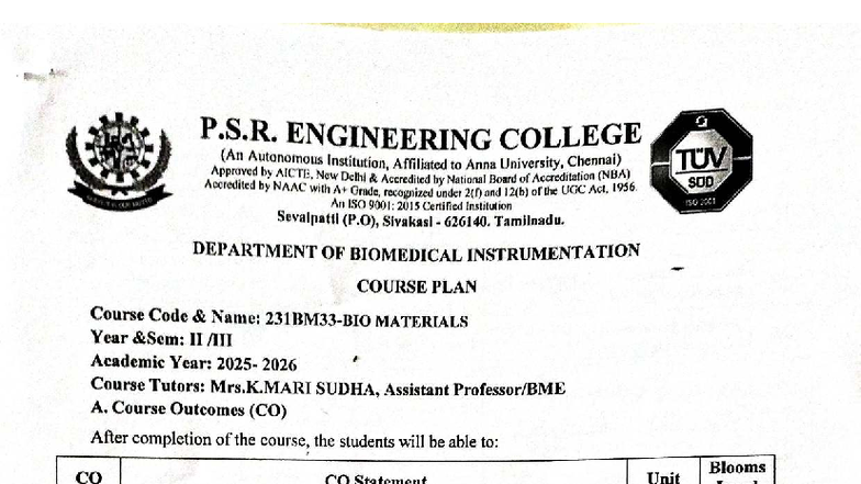 Course Plan for Biomedical Instrumentation (Year II) - Materials - Studocu