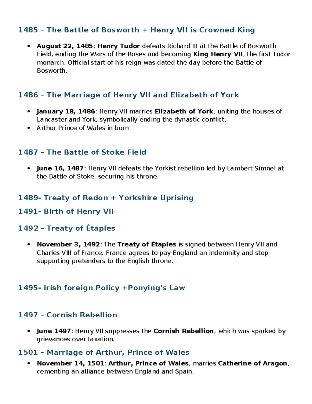 Tudor History Timeline: Key Events from 1485 to 1603 - Studocu