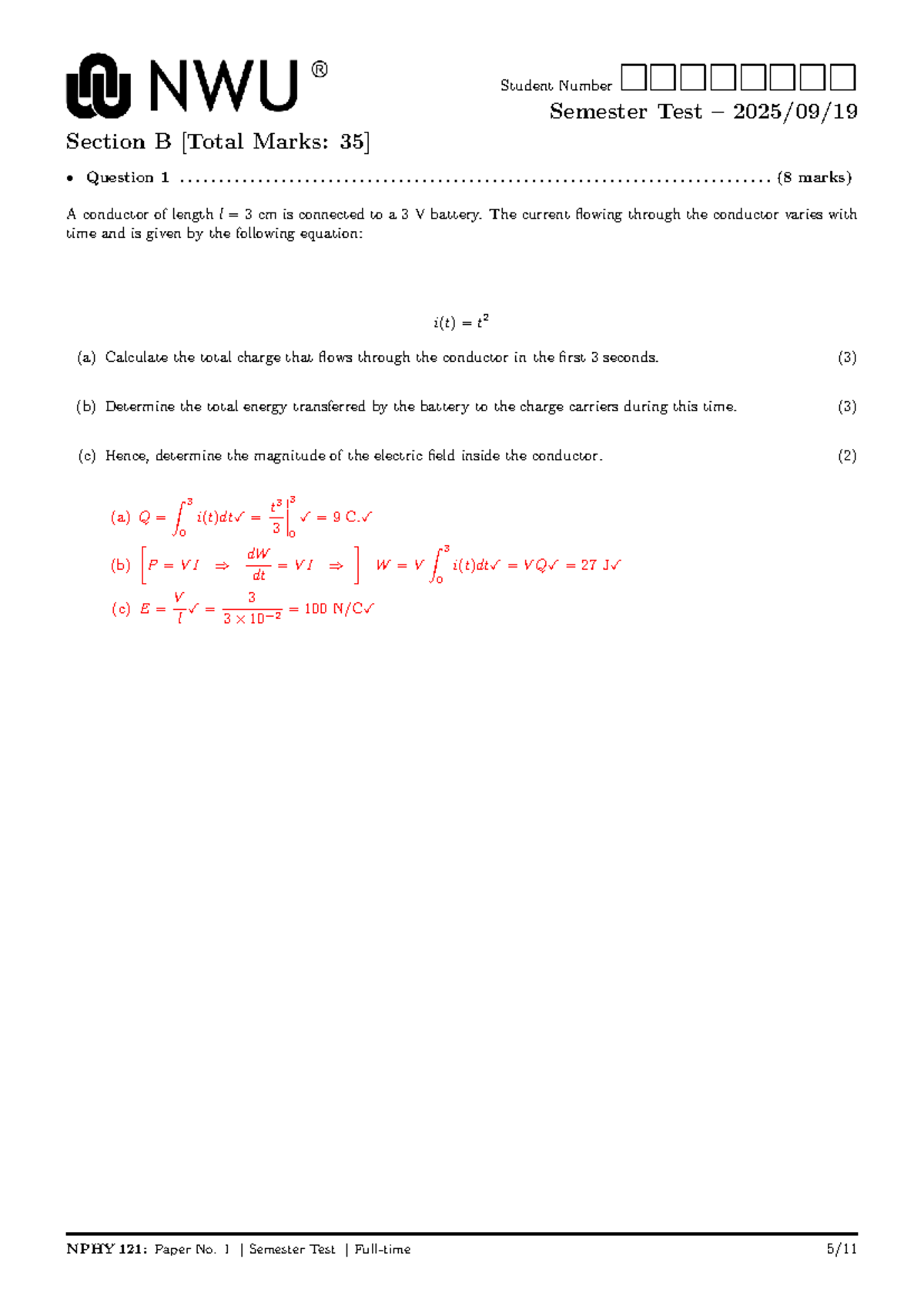 NPHY 121: 2025 Semester Test Solutions and Analysis - Studocu
