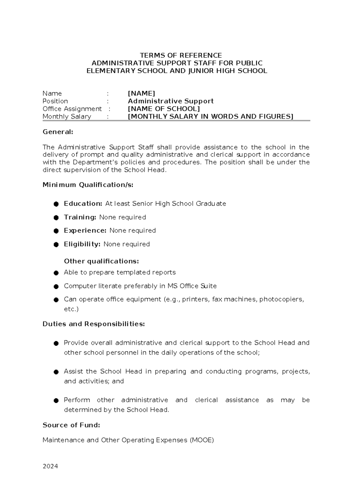 TOR for Admin Support Staff in Schools - COS 2024 - Studocu