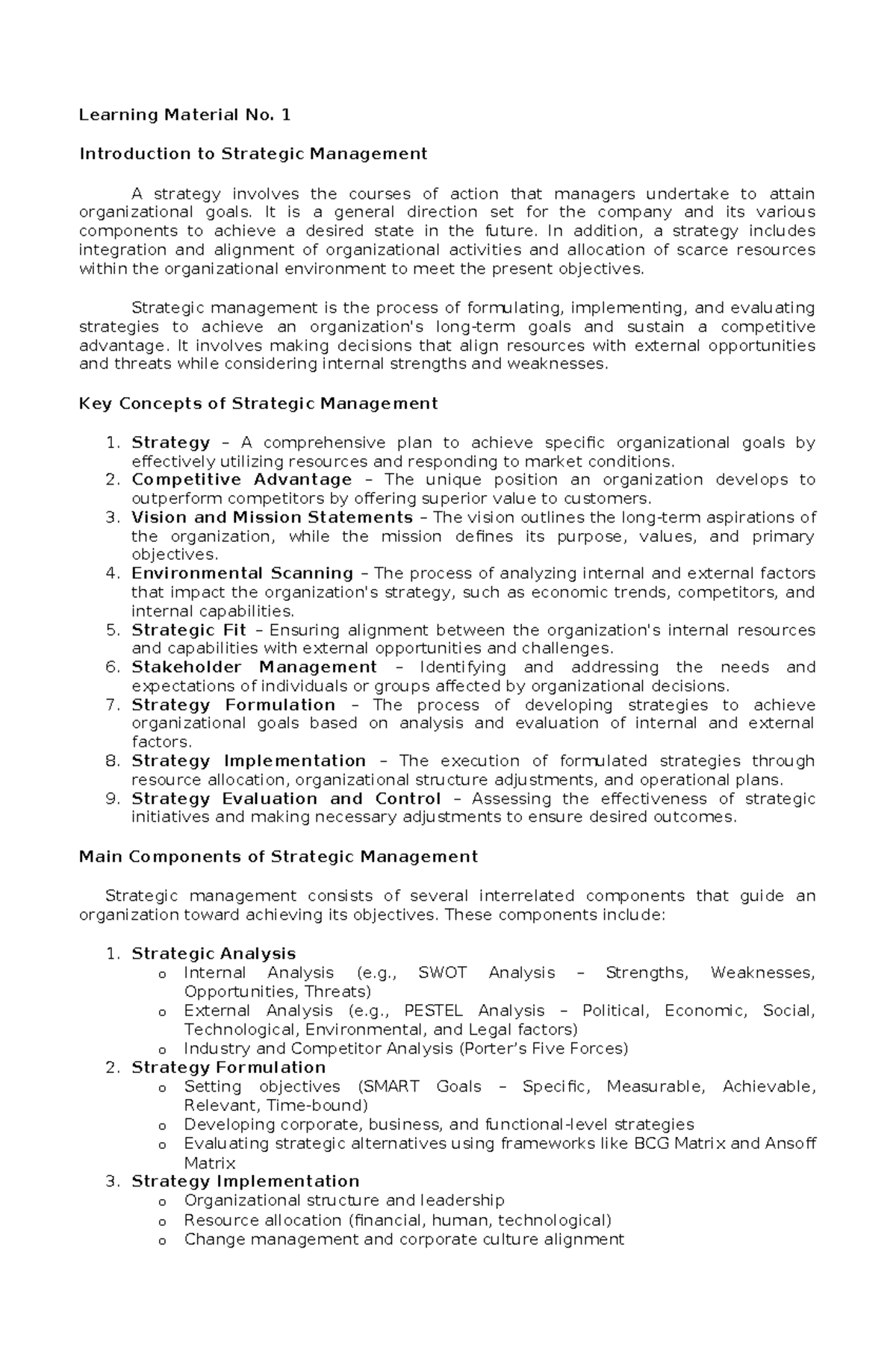 Strategic Management Overview: Key Concepts & Components - Studocu