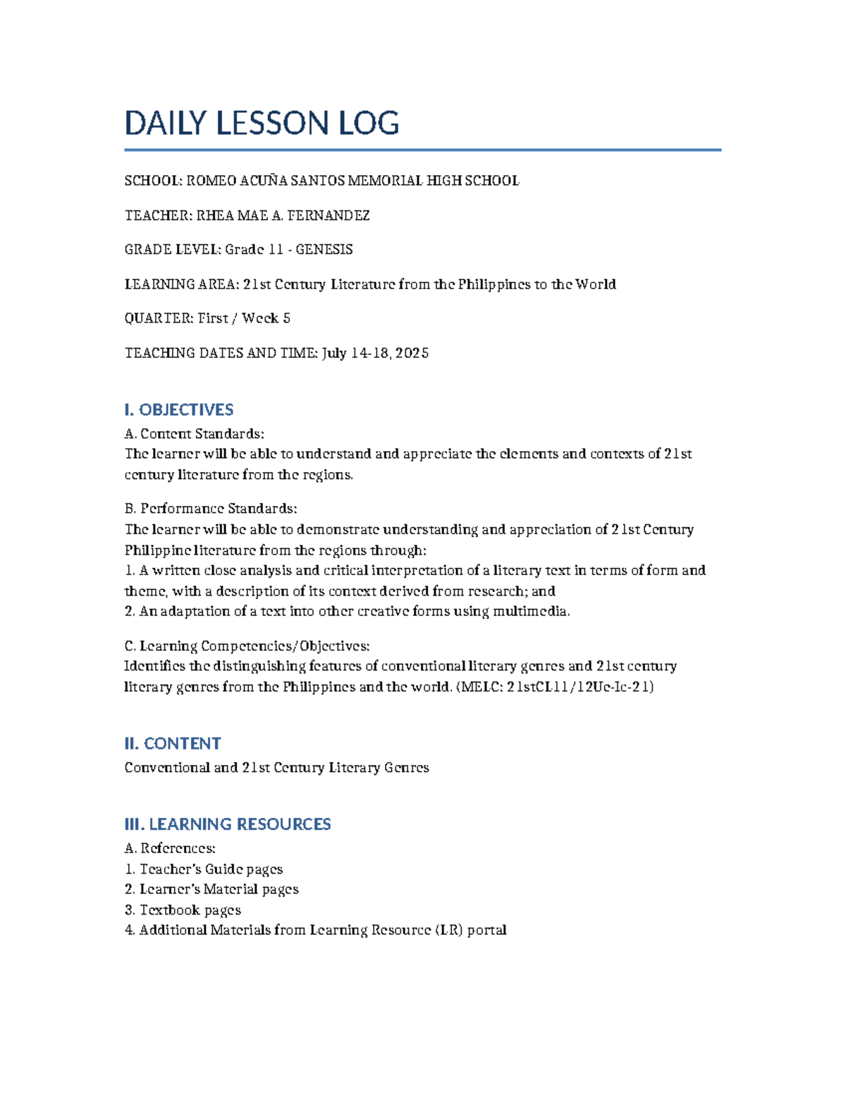 Updated Daily Lesson Log for Grade 11: 21st Century Literature - Studocu