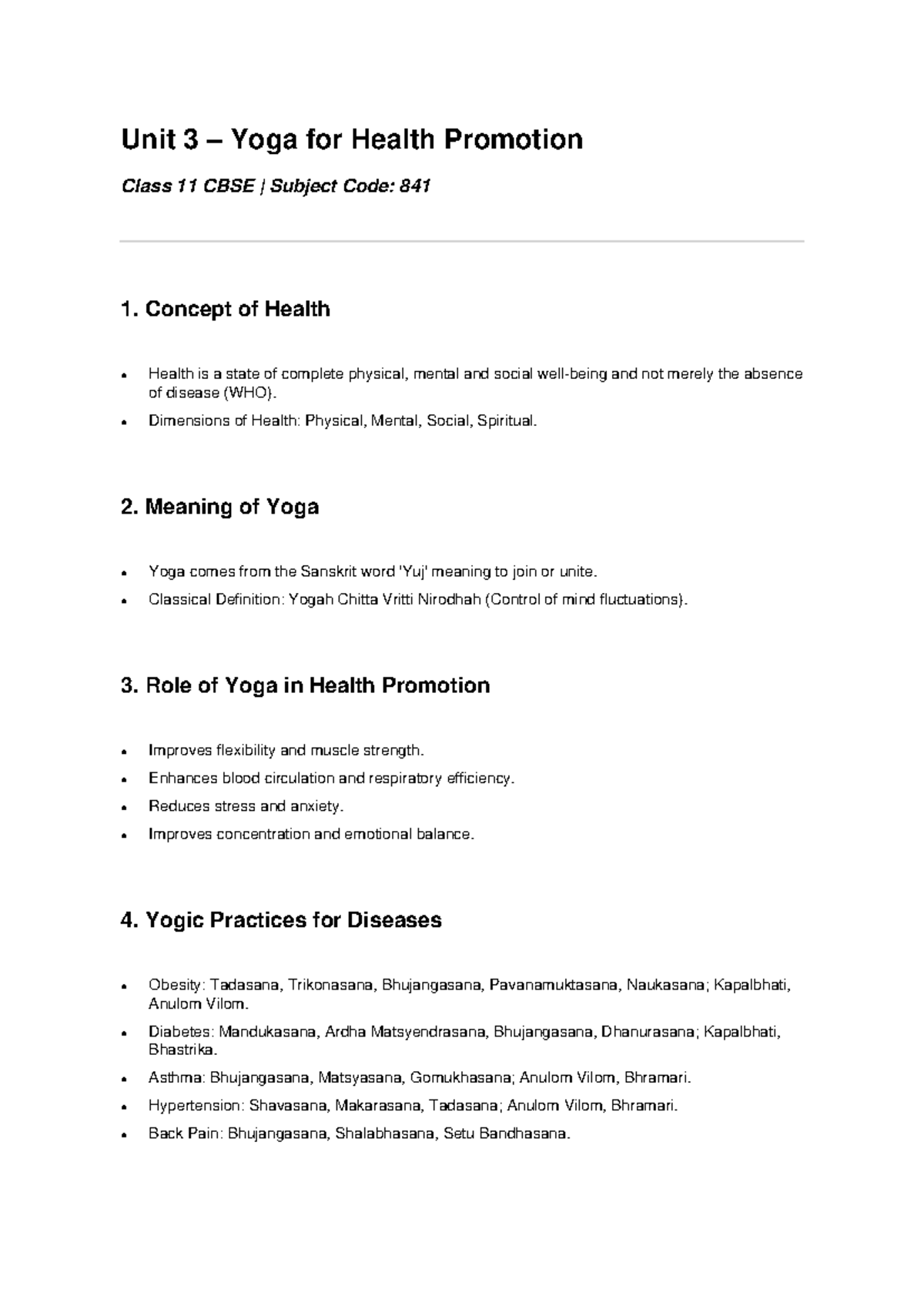 Class 11 Yoga Unit 3: Health Promotion Notes (CBSE 841) - Studocu