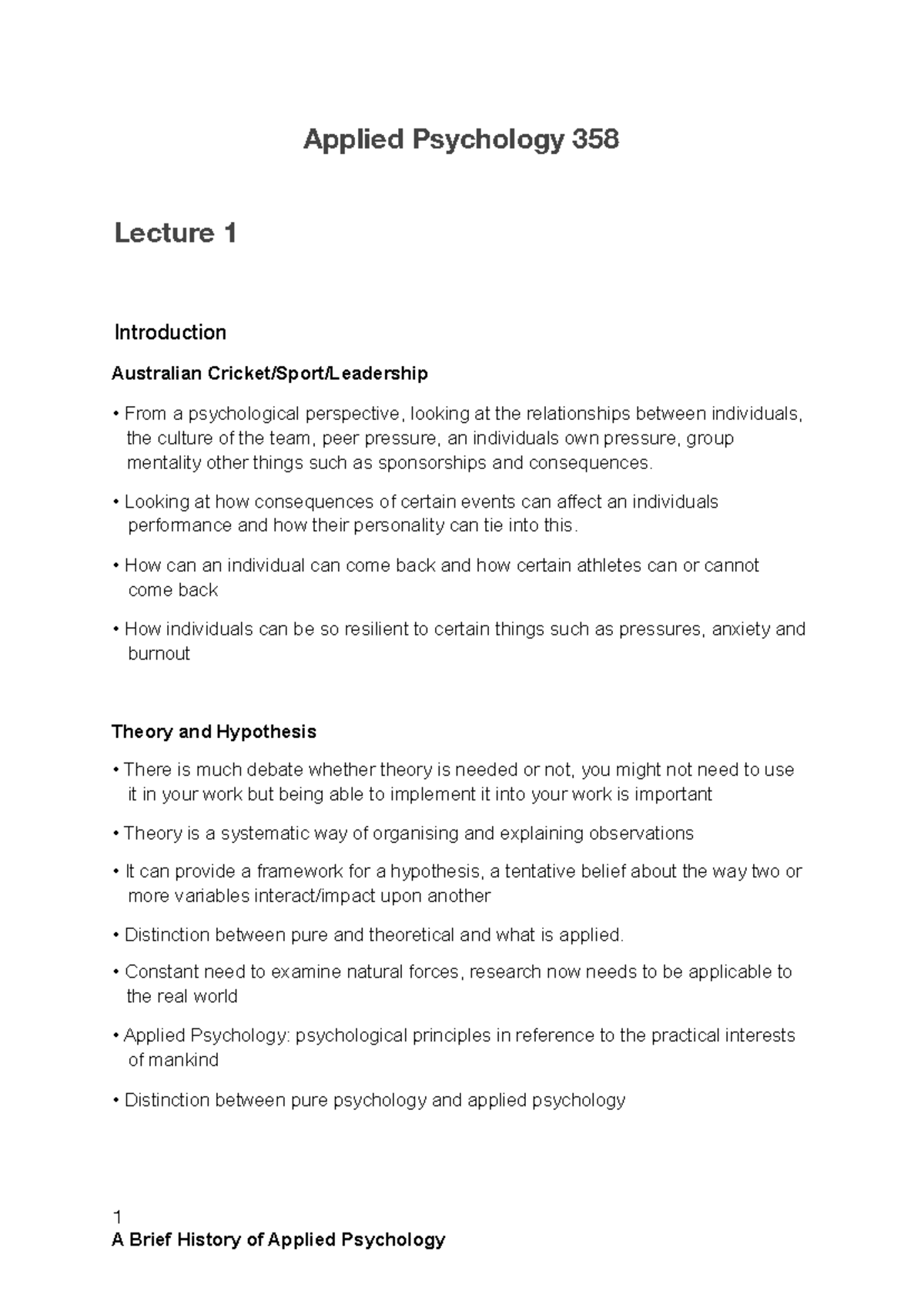 358 EXAM - Combined Lecture/Tutorial notes - Applied Psychology 358 ...