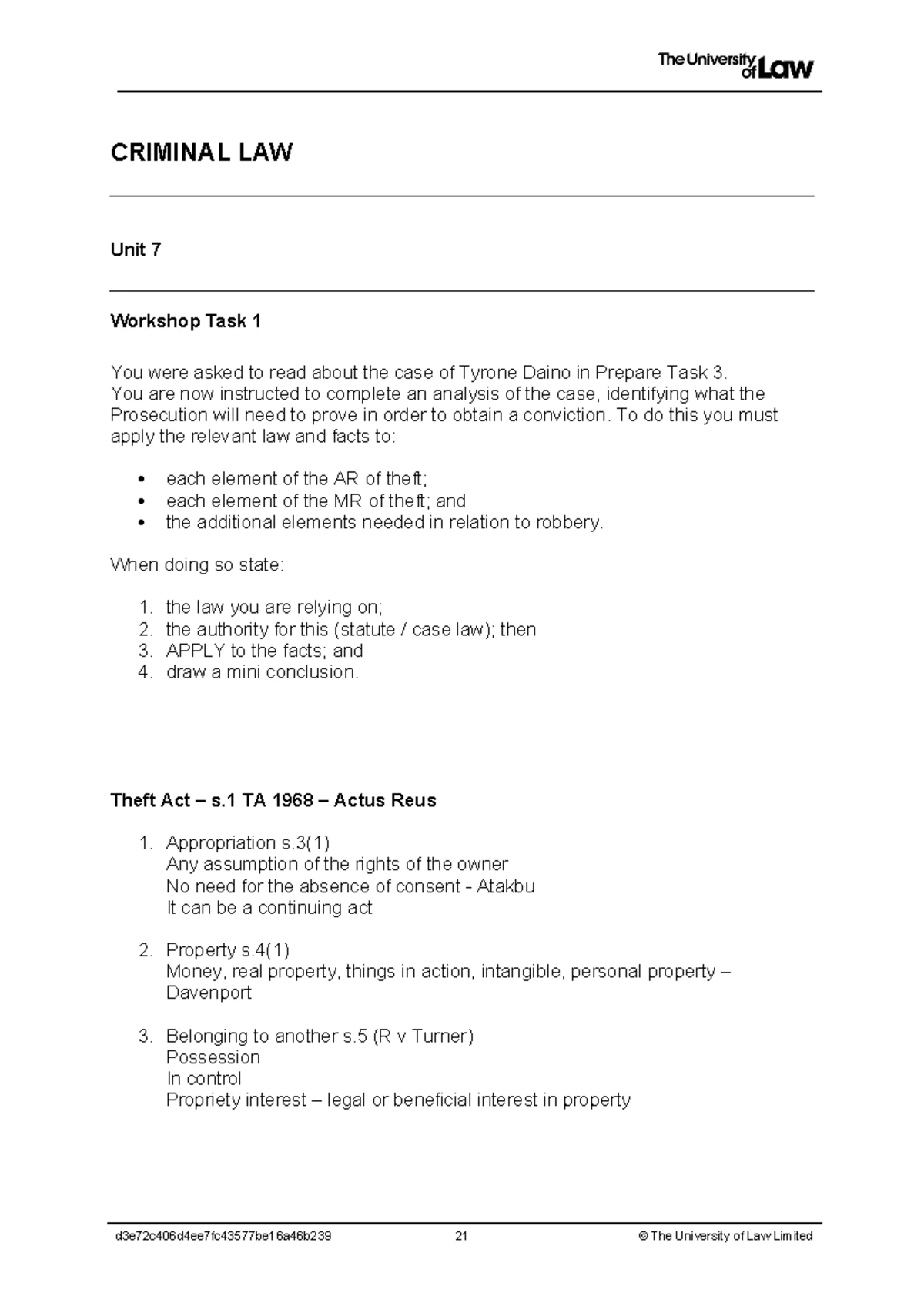 Criminal Law - Unit 7 - Analysis of Theft & Robbery Elements - Studocu