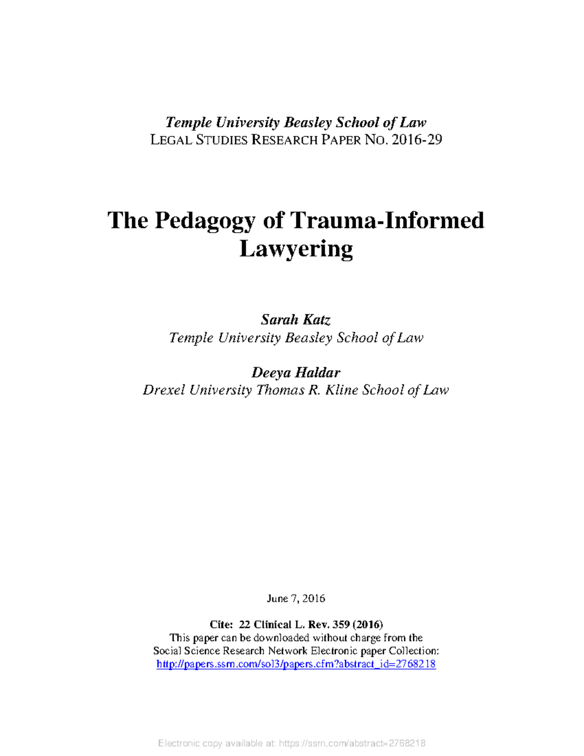 Legal Studies Research Paper: The Pedagogy of Trauma-Informed Lawyering ...