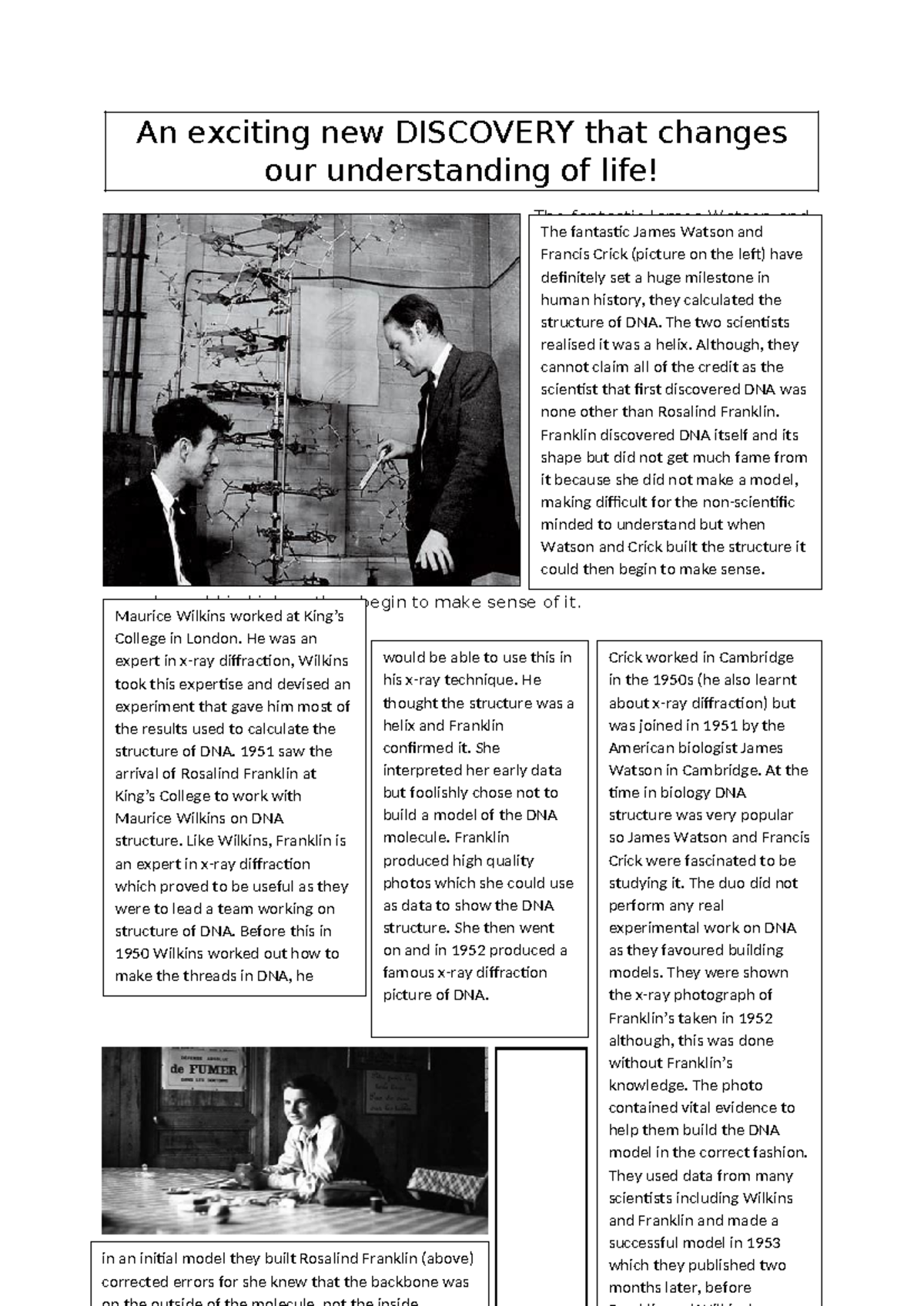 Biology 101: The Discovery of DNA Structure by Watson & Crick - Studocu