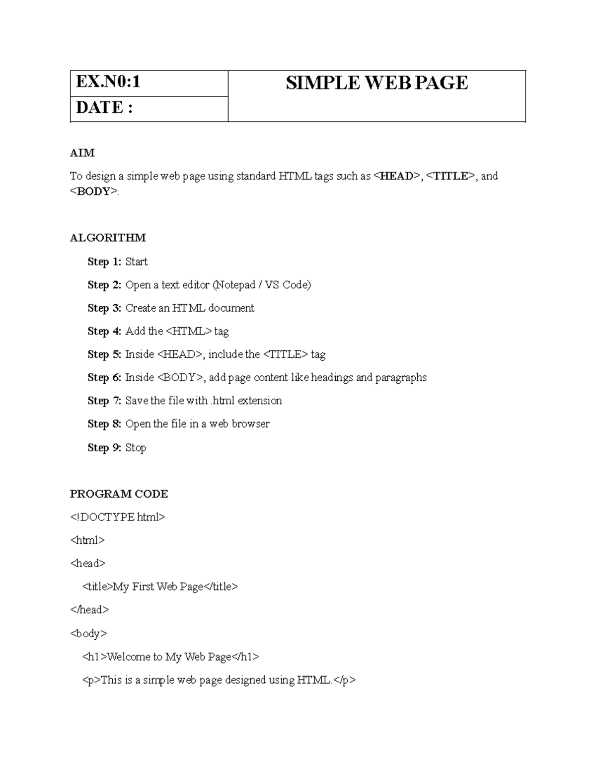 HTML-Lab - Program: Simple Web Page Design and Validation - Studocu