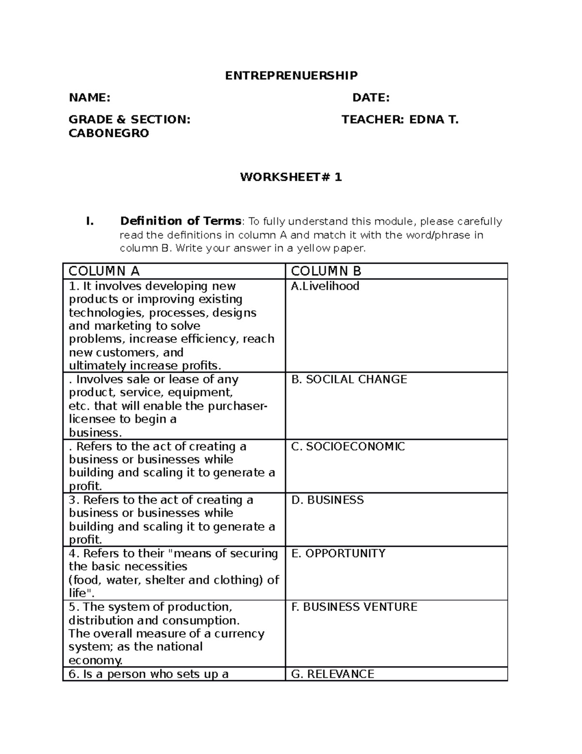 Worksheet 1- Entrep - Honestly, di ko alam hihi - ENTREPRENUERSHIP NAME ...